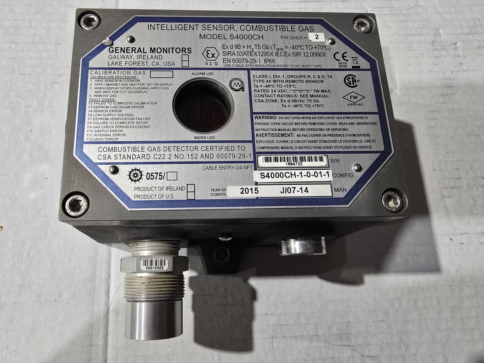 General Monitors Combustible Gas Intelligent Sensor S4000CH P/N 32425 ...