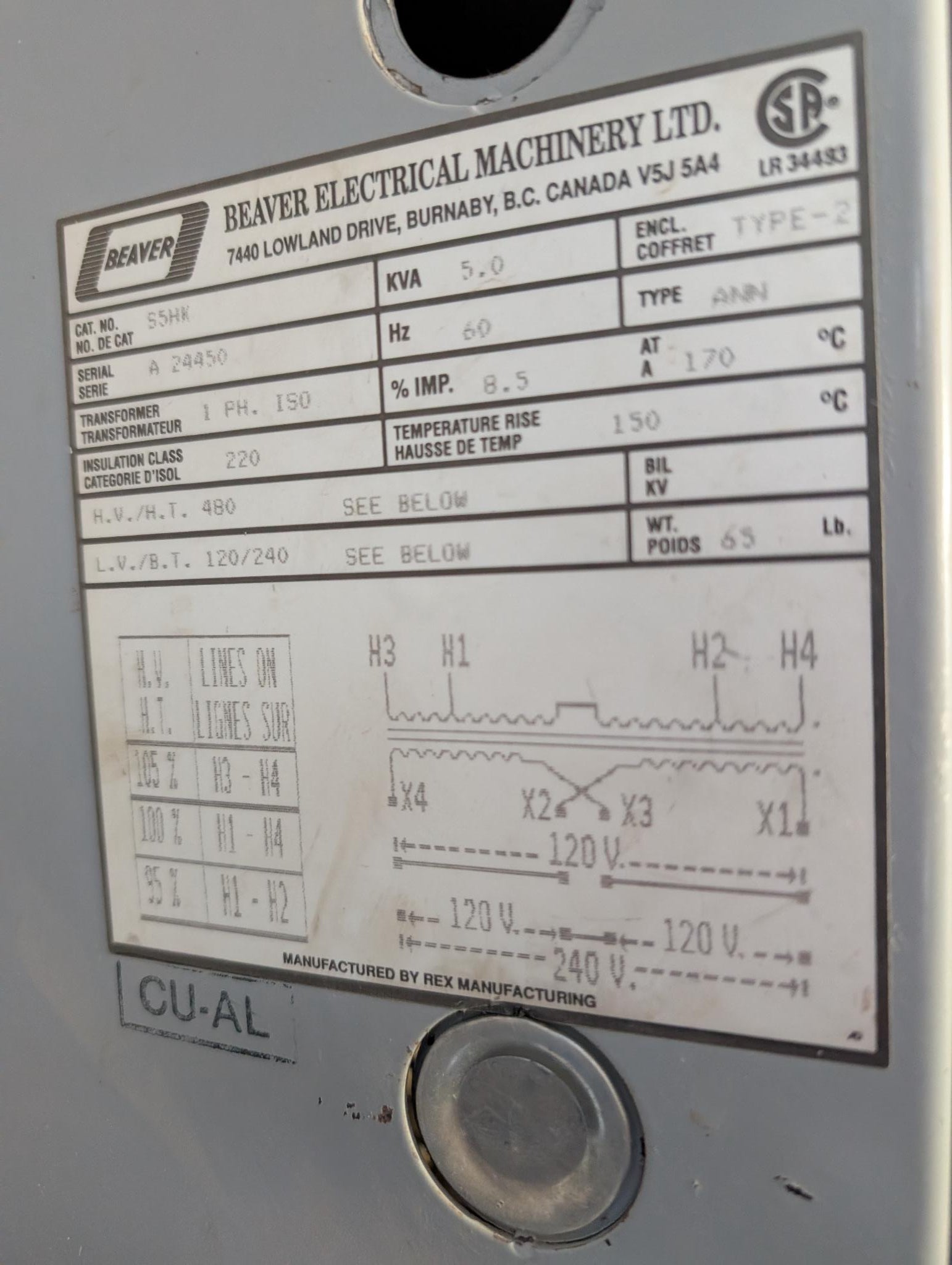 Beaver Electrical 5 KVA Dry Type 1 PH Transformer - S5HK - 480V to 120 ...